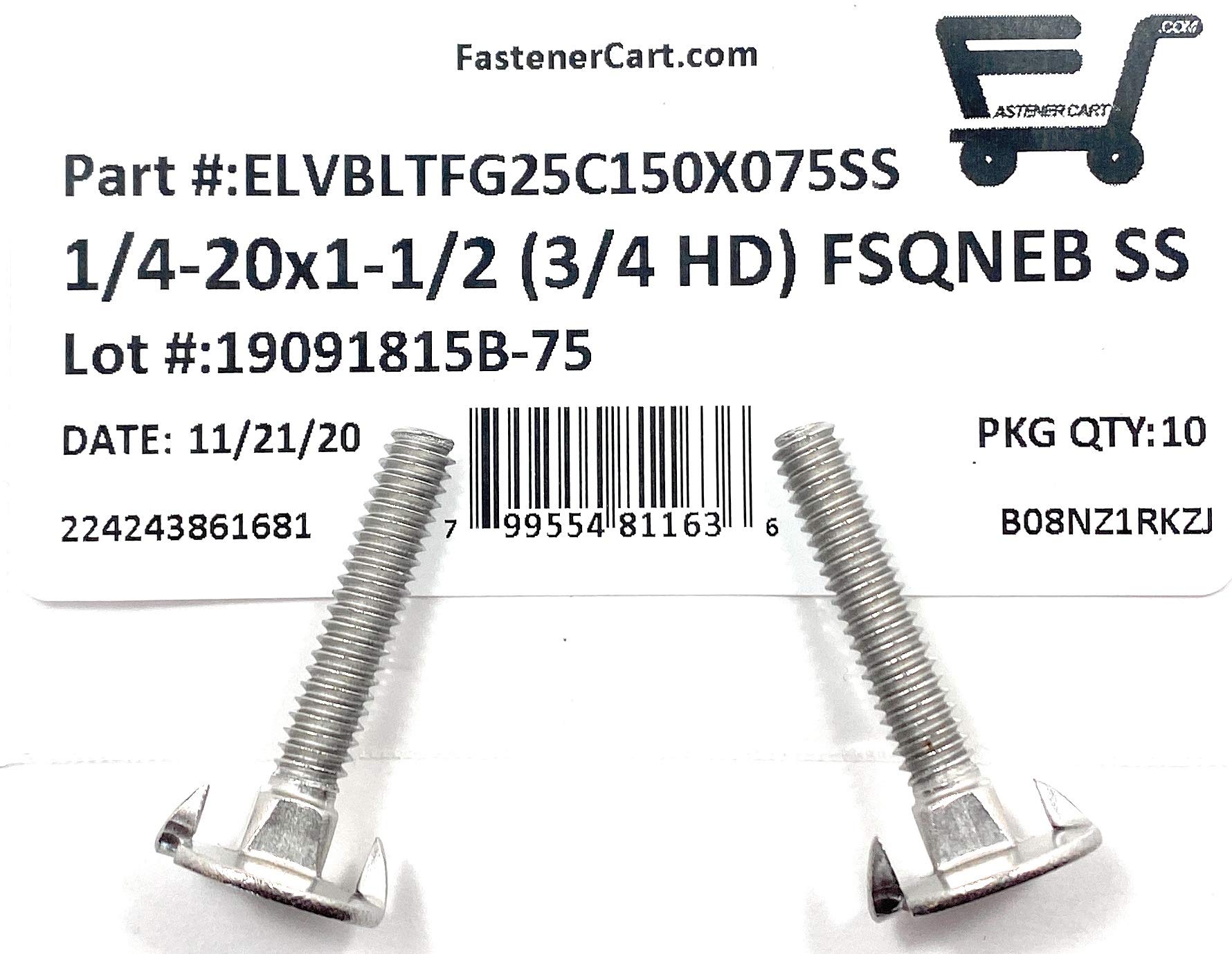 (10) 1/4-20x1-1/2 Stainless Steel Fanged Elevator Bolt Square Neck (3/4 Diameter Head) 18-8