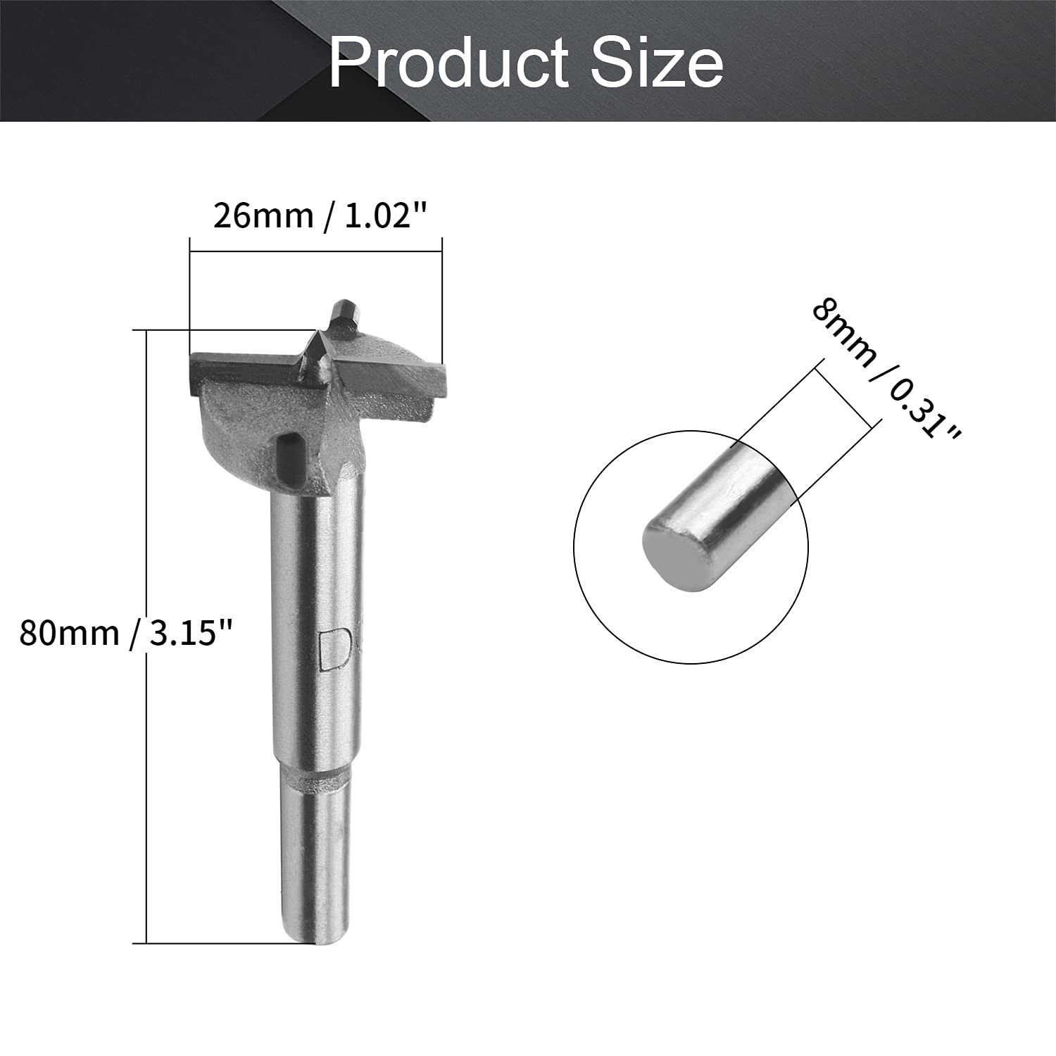 Utoolmart Forstner Drill Bits, 26mm Cemented Carbide Wood Cutter Tool, Round Shank Woodworking Hole Saw Cutter, 80mm Length Woodworking Hole Boring Bit, Gray, 1 Pcs