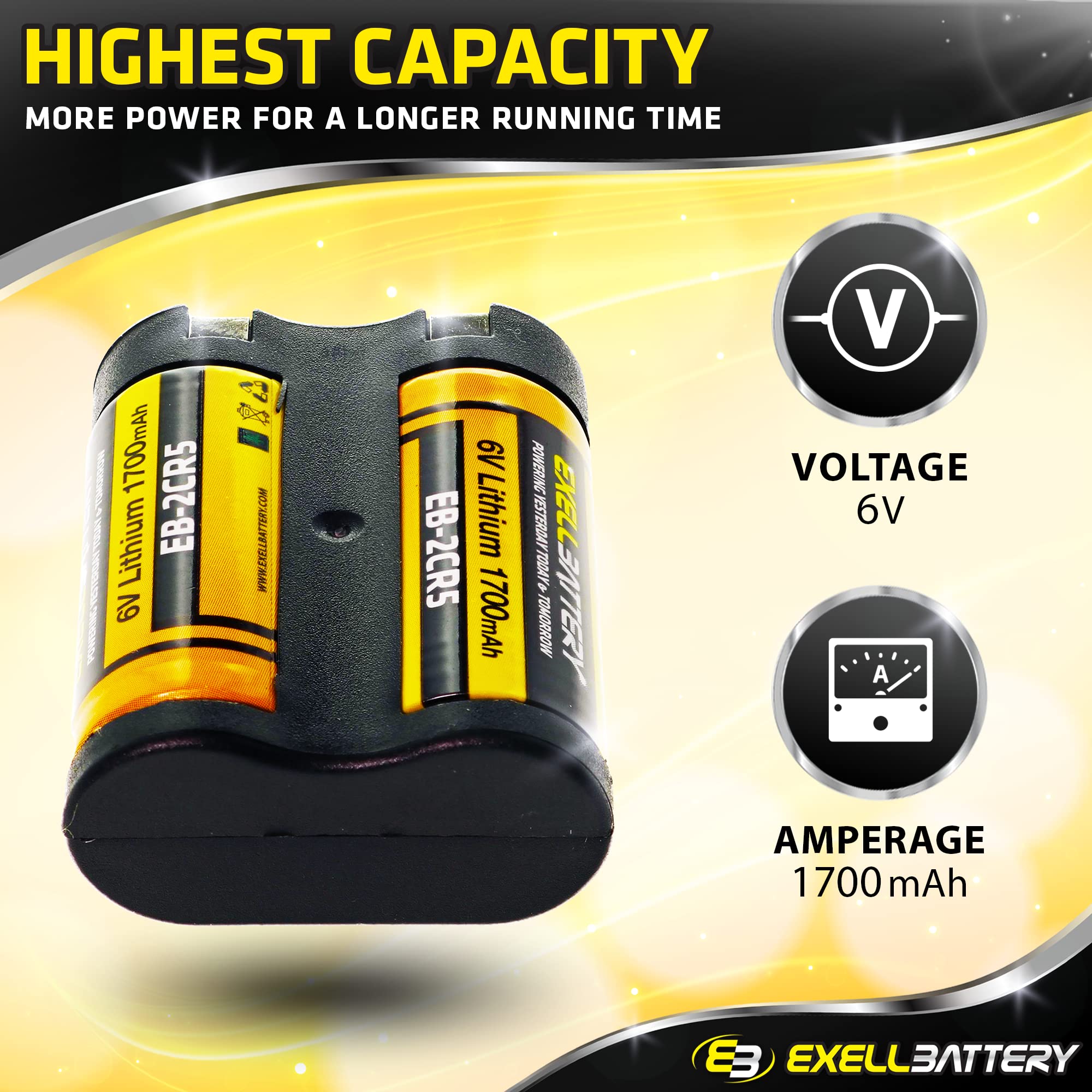 (2-Pack) 2CR5 6V 1700mAh (Highest Capacity on The Market) Photo Lithium Battery Replaces 2CR5, DL245, DL2CR5, DL345, DL345A, EL2CR5, EL2CR5BP, EOS 1V, KL2CR5, KL2CR5-1, PR2CR5, RL2CR5, RL2CR5-1