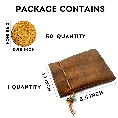 50 DND Fantasy Metal Gold Coins & Leather Pouch for Dungeons & Dragons Novelty Tabletop RPG Board Games Tokens Treasure Coins for Party Tablelap Games Accessories Addons Medieval Game Retro Props