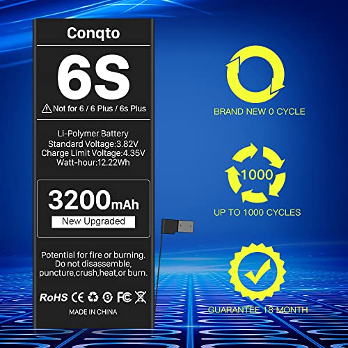 [3200mAh] Battery for iPhone 6S (2023 New Version), Conqto New Upgraded Higher Capacity 0 Cycle Battery Replacement for iPhone 6S Model A1633, A1688, A1700 with Complete Professional Repair Tool Kits