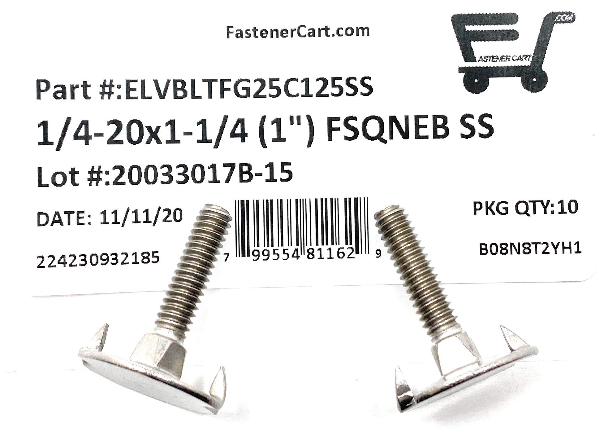(10) 1/4-20x1-1/4 Stainless Steel Fanged Elevator Bolt Square Neck (1" Diameter Head) 18-8