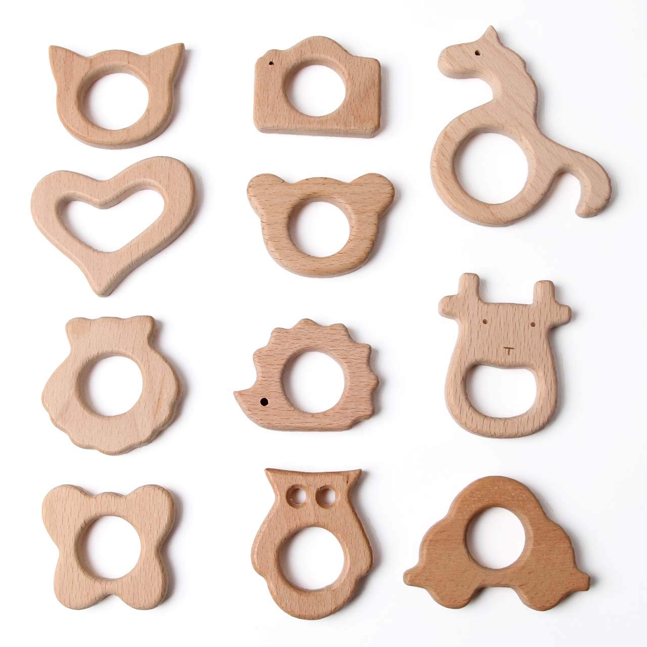 Teether Ring Baby Clip Beech Wood Teething Handmade Toddle Jewelry Nursling Accessories, Cat Camera Seahorse Heart Bear Shell Hedgehog Cow Butterfly Owl Car