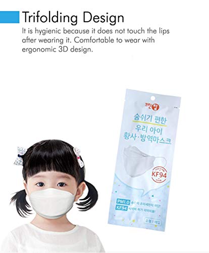 (Pack of 30) Evergreen Clean Top Premium 3D Disposable White Kids KF-94 Face Mask, Age 3-9 Old, 3-Layer Filters, Protective, Dust Mask, Individual Packs, Made in Korea.