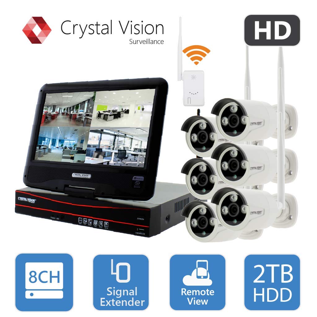 (2022 Upgraded Ver.) [8CH] Crystal Vision CVT9608E-3010W All-in-One True HD Wireless Surveillance System NVR CCTV w/ 2TB HDD, Built-in Monitor & Router, Camera Auto Pair