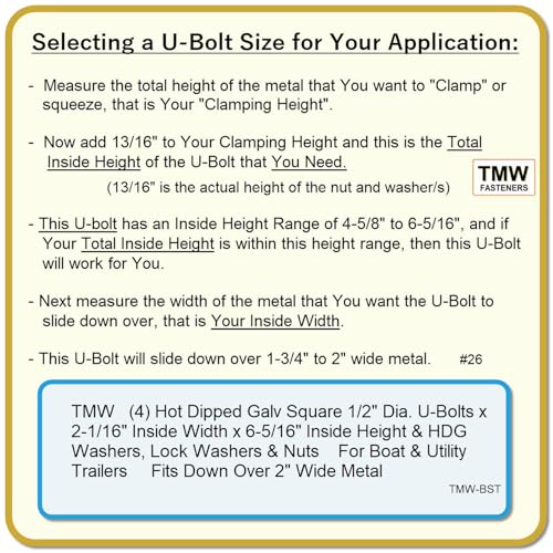 (4) HDG Hot Dipped Galvanized Square U-Bolt Boat Trailer U Bolt Ubolt 1/2" D x 2 1/16" W x 6 5/16" L