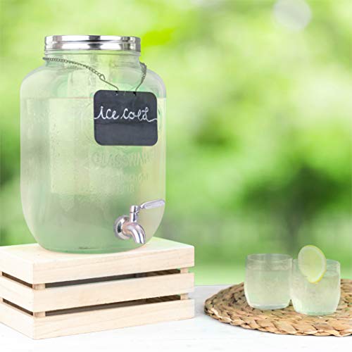 2 Gallon Glass Beverage Dispenser with Ice and Fruit Infusers, Stainless Steel Spigot, Chalkboard Label and Metal Lid, Wide Mouth Lemonade Drink Dispenser, Yorkshire Mason Jar, Kombucha Fermenting