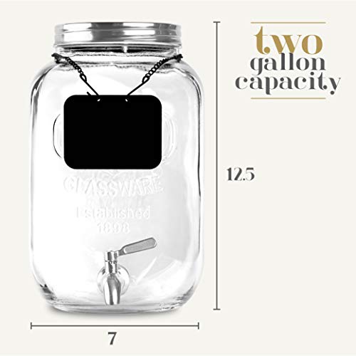 2 Gallon Glass Beverage Dispenser with Ice and Fruit Infusers, Stainless Steel Spigot, Chalkboard Label and Metal Lid, Wide Mouth Lemonade Drink Dispenser, Yorkshire Mason Jar, Kombucha Fermenting