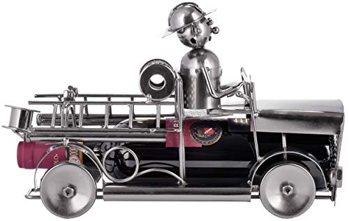 BRUBAKER Wine Bottle Holder 'Fire Engine' - Table Top Metal Sculpture - with Greeting Card