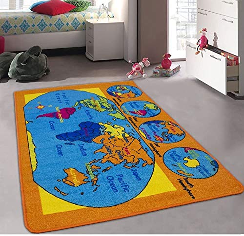 Champion Rugs Kids/Baby Room/Classroom/Playroom Educational Area Rug World Map Globe Continents Oceans Hemispheres Compass Area Rug Mat for Dining Dorm Room Bedroom Home Decorative Bright Colorful