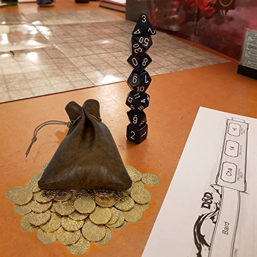 50 DND Fantasy Metal Gold Coins & Leather Pouch for Dungeons & Dragons Novelty Tabletop RPG Board Games Tokens Treasure Coins for Party Tablelap Games Accessories Addons Medieval Game Retro Props