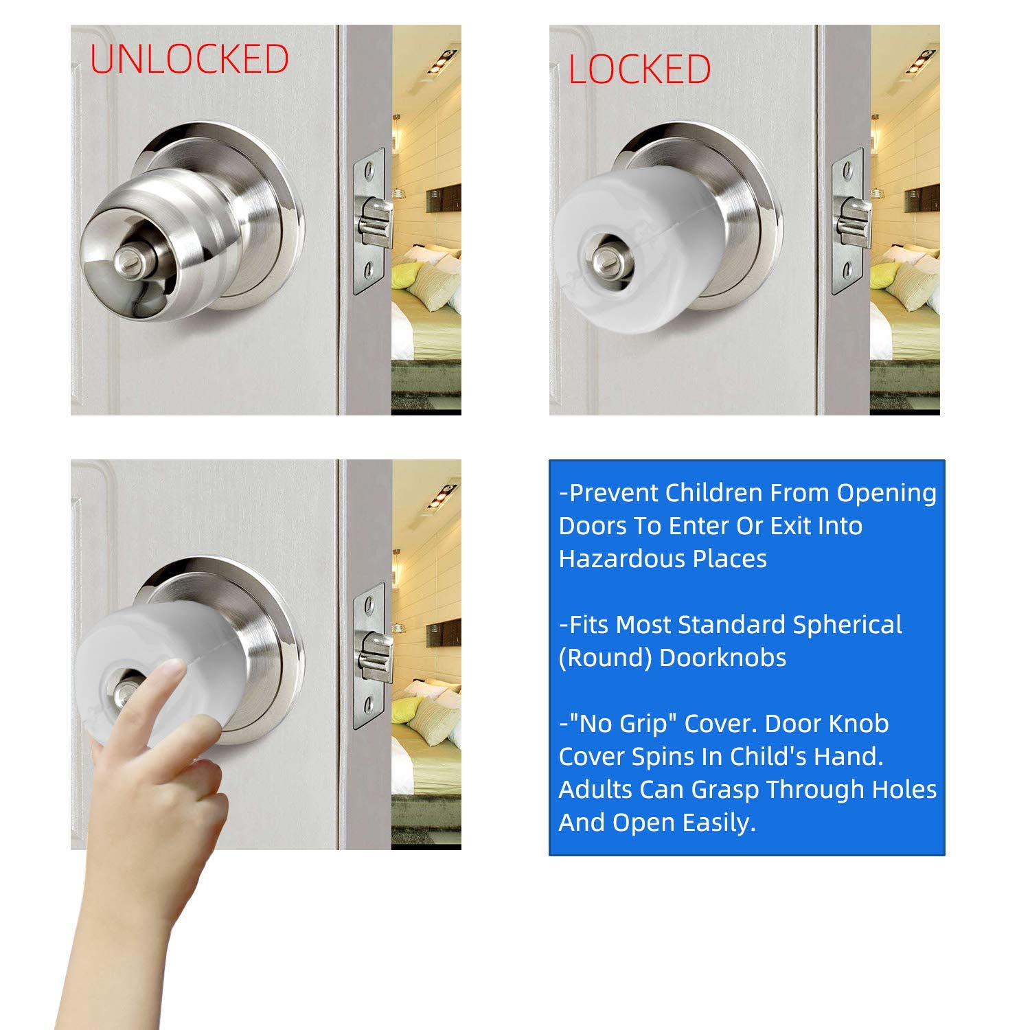 (4 Pack) KinderGard Baby Safety Door Knob Covers to Child Proof Doors Easy Installation,Toddler,Child,Accident, Lock, Universal,Cover,Protection, Babyproofing, Works with All Knobs up to 2 ¼ inches
