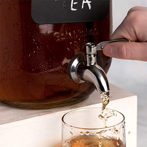 2 Gallon Glass Beverage Dispenser with Ice and Fruit Infusers, Stainless Steel Spigot, Chalkboard Label and Metal Lid, Wide Mouth Lemonade Drink Dispenser, Yorkshire Mason Jar, Kombucha Fermenting