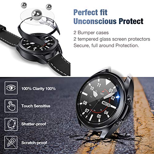 [2+2Pack] Tensea Compatible Samsung Galaxy Watch 3 45mm Screen Protector and Case, 2 Pack Tempered Glass Protective Film and 2 Pack TPU Watch Cover Accessories Set for Galaxy Watch3 45, Titanium, 41mm