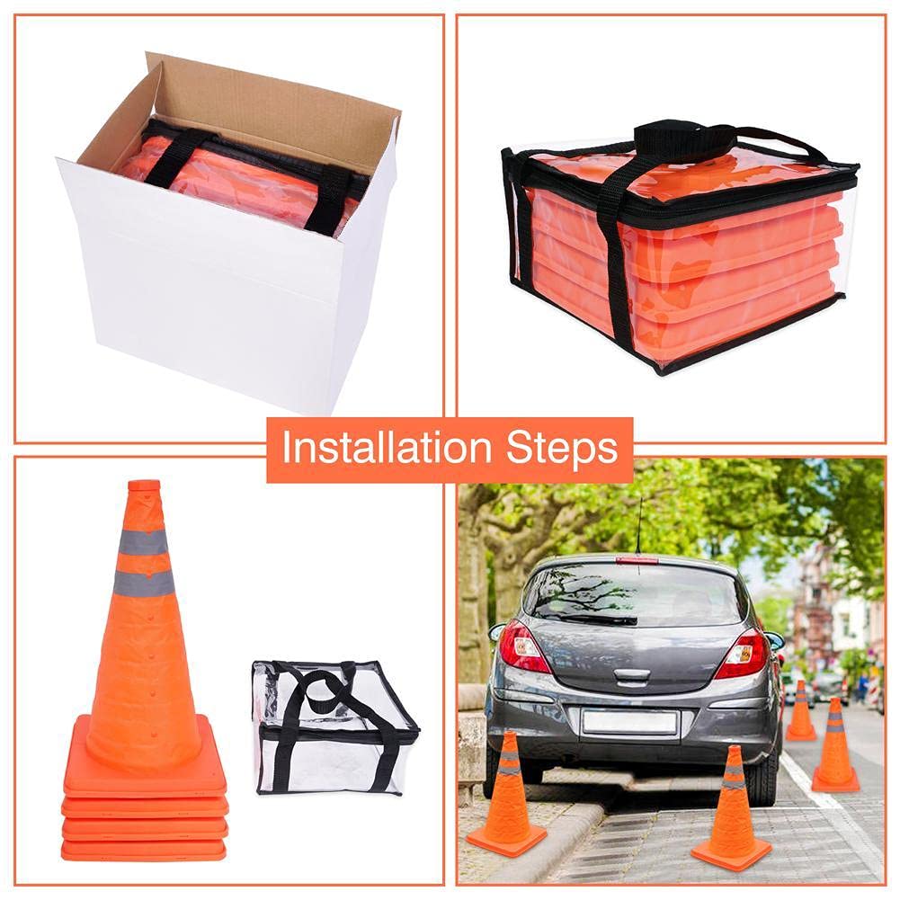hatatit 4 Pack 18" Collapsible Traffic Cones PVC Safety Road Parking Cones Fluorescent Orange Up Reflective Safety Cones