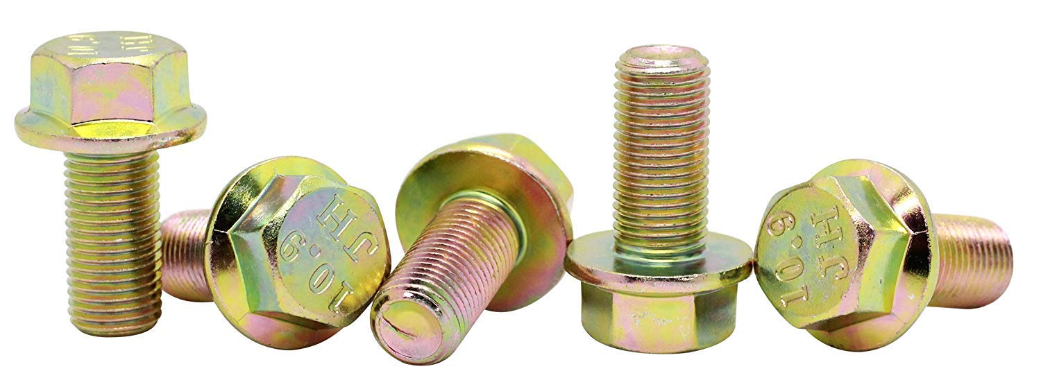 (5pcs) BelMetric M12X1.25X25mm JIS Hex Head Flange Bolt 17mm Wrench, Class 10.9 Plated Yellow Zinc for Automobile, Motorcycle, and Mechanical Applications BF12X1.25X25YLW