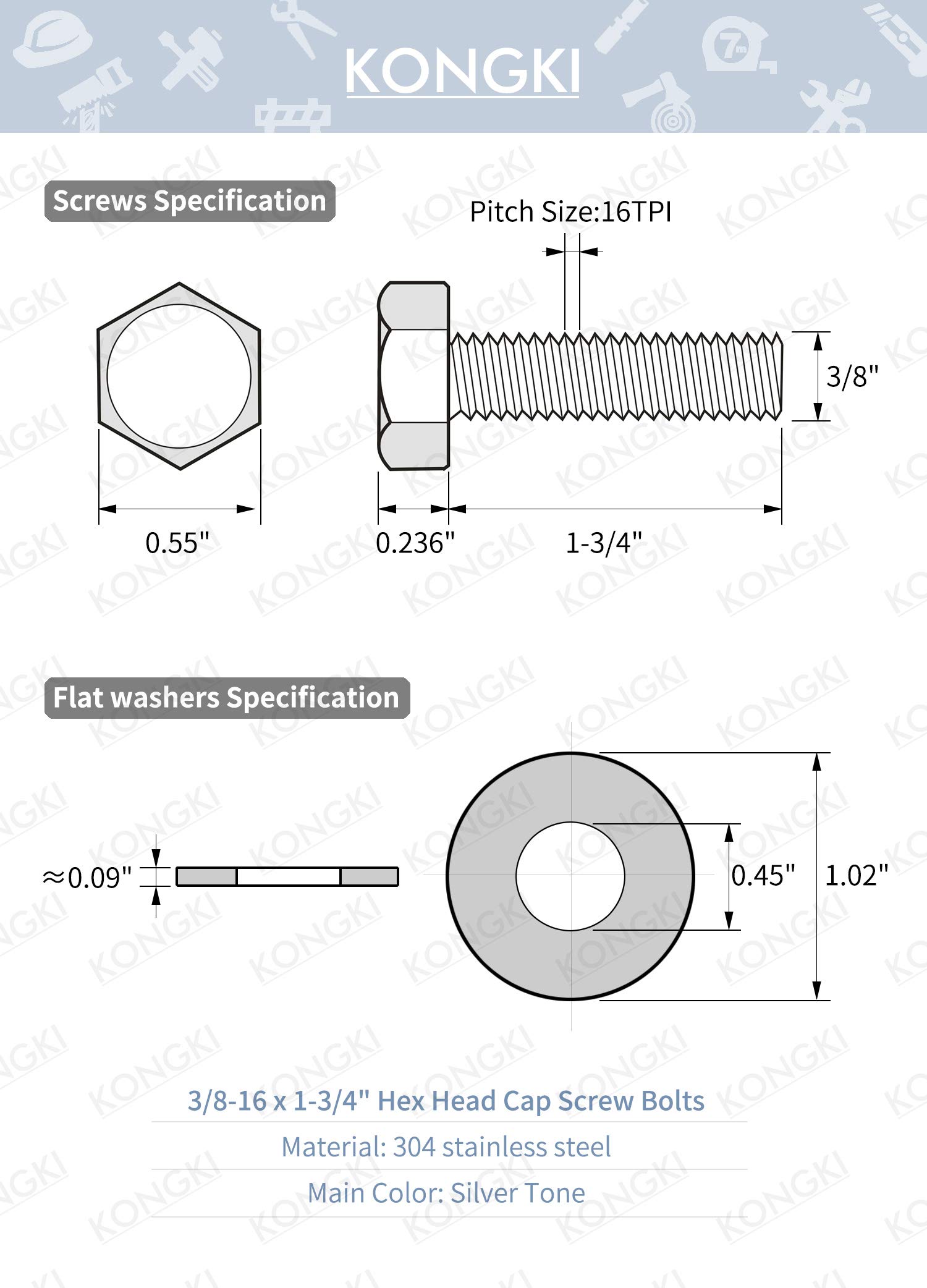 (6 Sets) 3/8-16x1-3/4" Stainless Steel Hex Head Screws Bolts, Nuts, Flat & Lock Washers Kits, 304 Stainless Steel 18-8, Fully Machine Thread, Flat Washers Diameter 1.02"