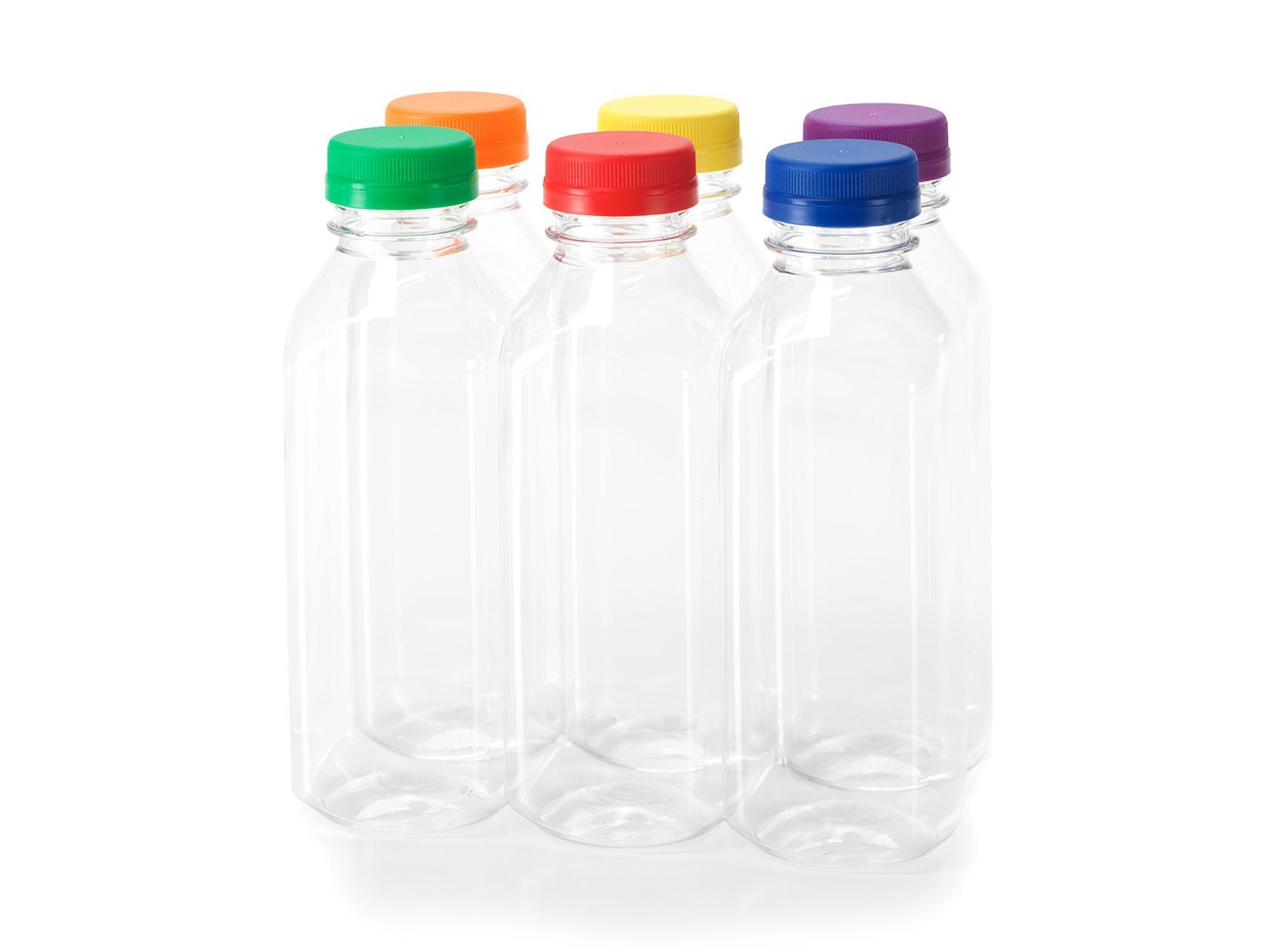 (6) 16 oz. Clear Food Grade Square Plastic Juice Bottles with Tamper Evident Caps 6/pack (Mixed Lids)