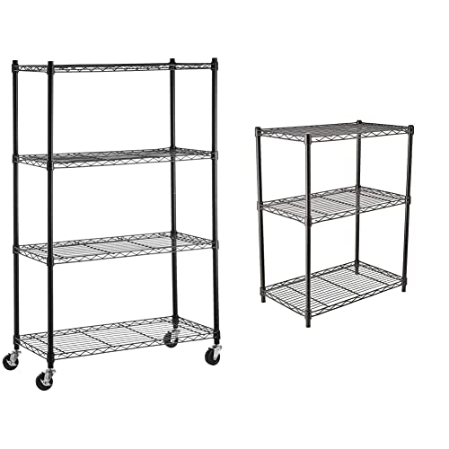 Amazon Basics 4-Shelf Shelving Storage Unit on 3'' Wheel Casters, Black (36L x 14W x 57.75H) & 3-Shelf Adjustable, Heavy Duty Storage Shelving Unit (250 lbs), Black (23.3L x 13.4W x 30H)