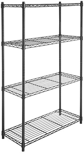Amazon Basics 4-Shelf Shelving Storage Unit on 3'' Wheel Casters, Black (36L x 14W x 57.75H) & 3-Shelf Adjustable, Heavy Duty Storage Shelving Unit (250 lbs), Black (23.3L x 13.4W x 30H)