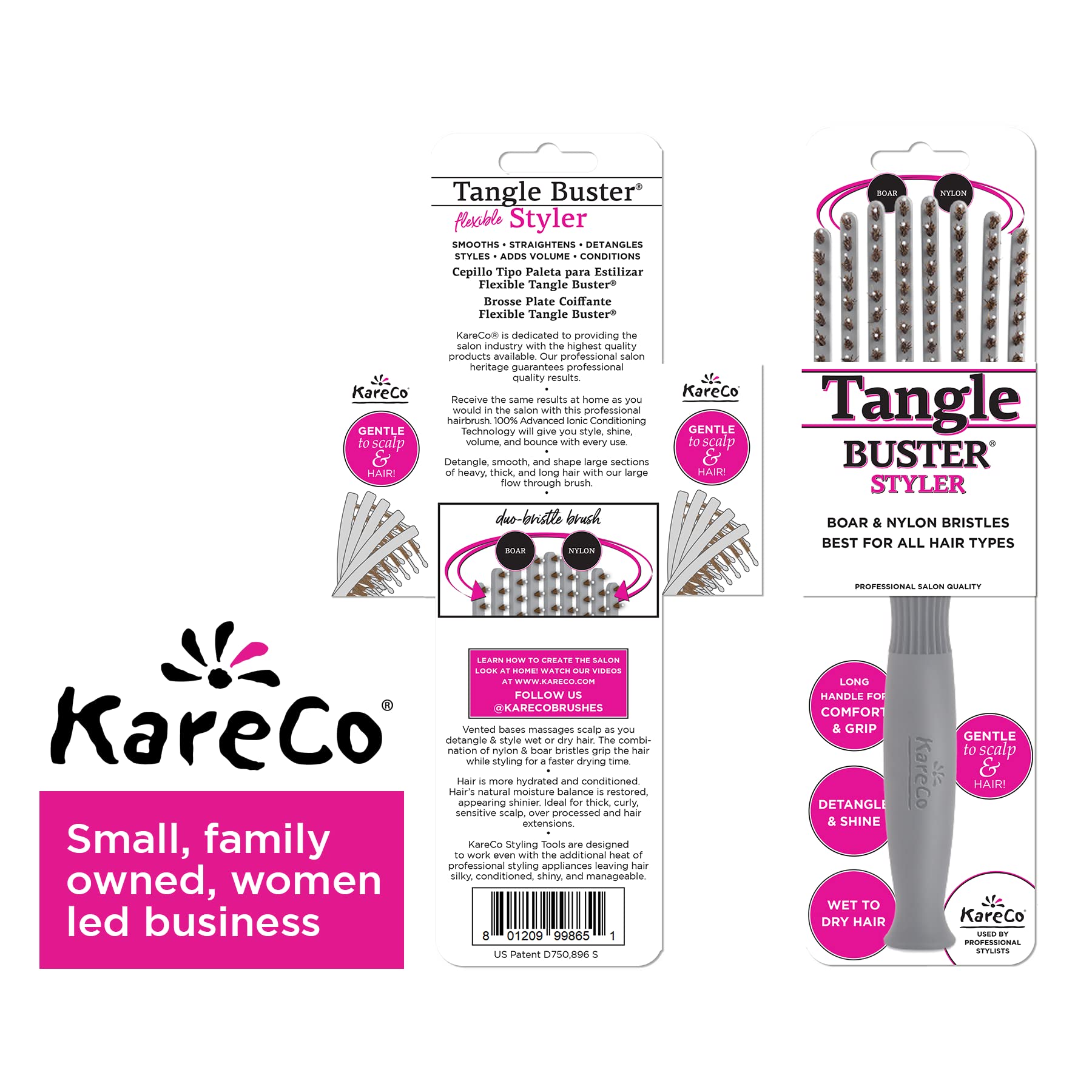 (All New) KareCo Tangle Buster Flexible Paddle Brush, Detangler & Styler for All Hair Types | Dual Nylon and Boar Bristles (9 Fingers)