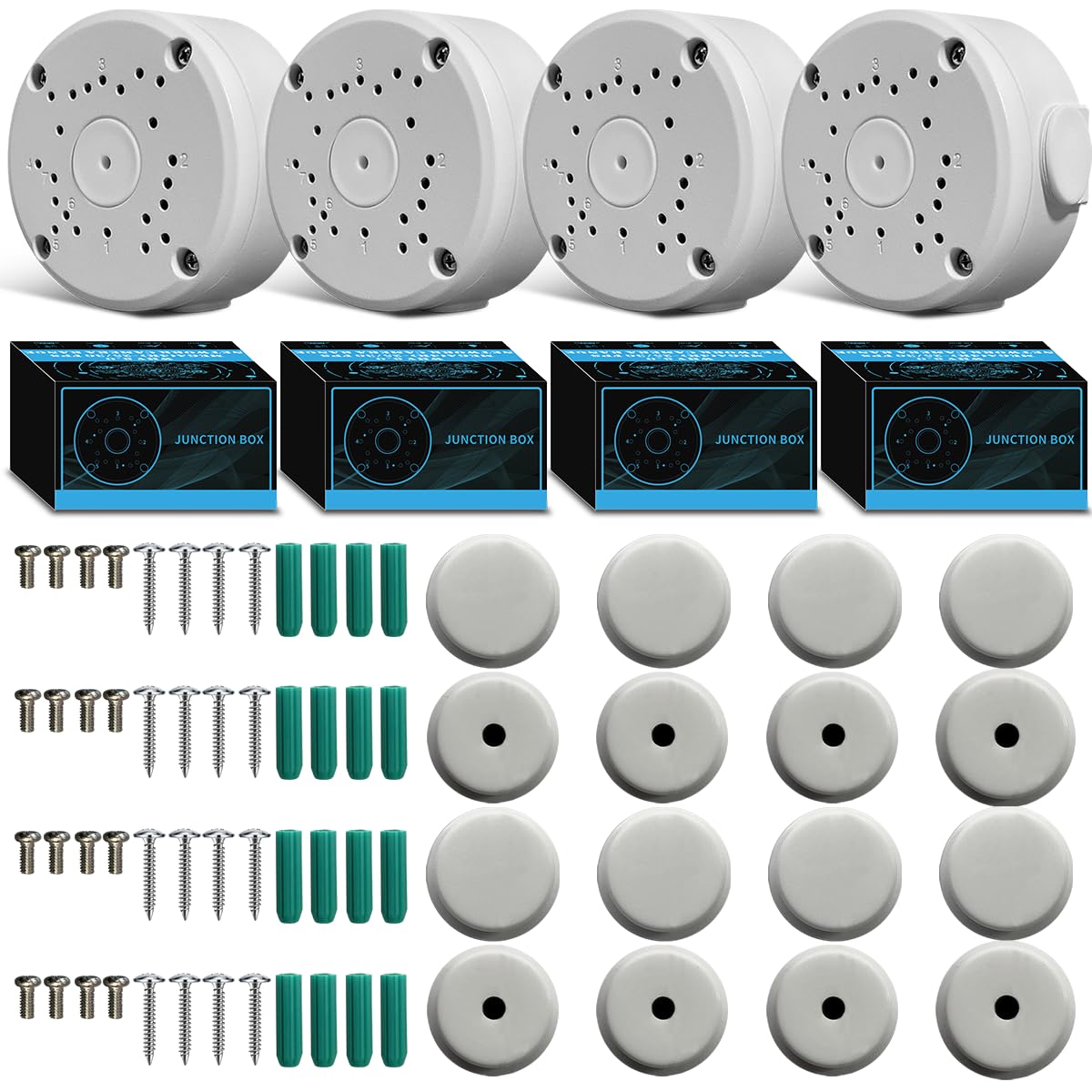 (Metal Aluminum & Waterproof) Junction Box Mount Bracket, Universal for Bullet Security Camera, Aluminum Waterproof Hide Cable Junction Box Compatible with Solar Panel, Fits Wall Ceiling (4pcs)