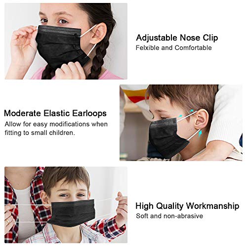 50 Pcs Disposable Face Cover 3-Ply Filter Non Medical Breathable Earloop Masks For Kid (Black Kid)