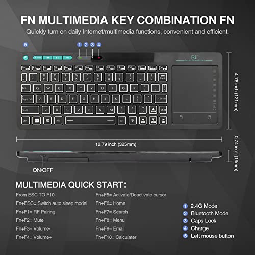 (Dual Mode) Rii RT518S Wireless and Bluetooth 2-LED Color Backlit Multimedia Keyboard with Multi-Touch Big Size Trackpad,Rechargable Keyboard for Android TV Box,PC,Tablets,Smart TV, HTPC, IPTV,Windows