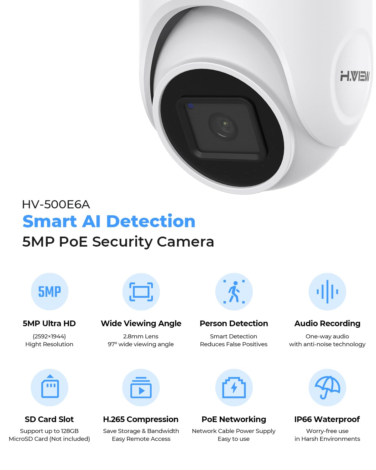 (Hikvision Compatible) H.VIEW 5MP Outdoor POE Camera Dome Turret IP Security Camera, 100ft IR Night Vision, 2.8mm Fixed lens, H.265+ IP PoE Outdoor Camera, RTSP,RTMP WDR,Support SD Card