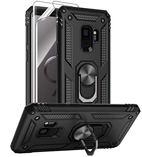 Androgate for Samsung Galaxy S9 Case with HD Screen Protectors, Military-Grade Metal Ring Holder Kickstand 15ft Drop Tested Shockproof Cover Case for Samsung Galaxy S9 (2018), Black