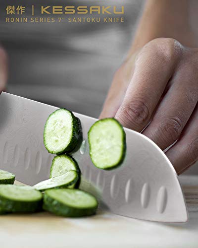 KESSAKU 7-Inch Santoku Knife - Ronin Series - Granton Edge - Forged High Carbon 7Cr17MoV Stainless Steel - Pakkawood Handle with Blade Guard