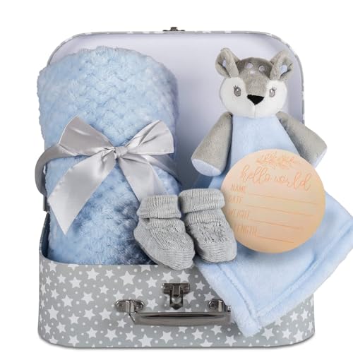 Baby Boy Gift Set New Born Baby Gift Baby Blue Deer Fawn Security Blanket Soft Fleece, Suitcase Keepsake Box Blanket Booties & Baby Gift Basket – Unique Present for Baby Shower & Newborn Lovey Welcome