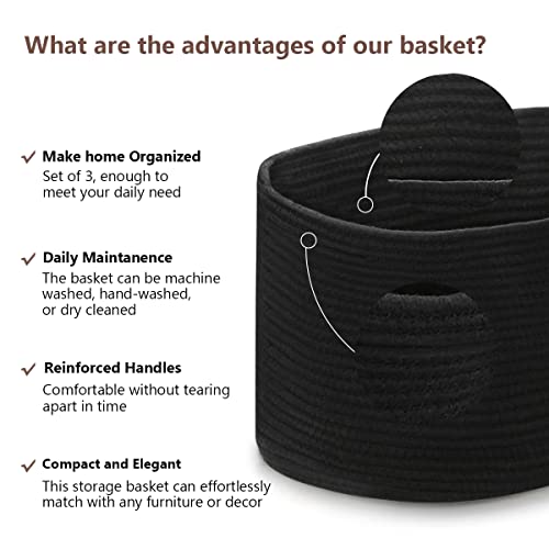 CASAVIDA Woven Baskets for Storage Set of 3, Cotton Rope Basket Storage Baskets for Organizing with Handles, Closet Soft Storage Baskets for Shelf Nursery Baby Laundry Bedroom Living Room