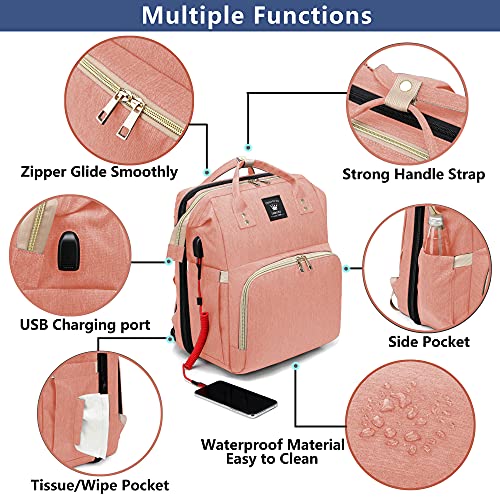 Lamroro Diaper Bag Backpack Foldable Baby Bed, Diaper Changing Station with USB Charging Port, Waterproof Multi-Functional Girl Boy Mom Travel Baby Diaper Bag, Large Capacity, Pink, 16.5x9x13 Inch