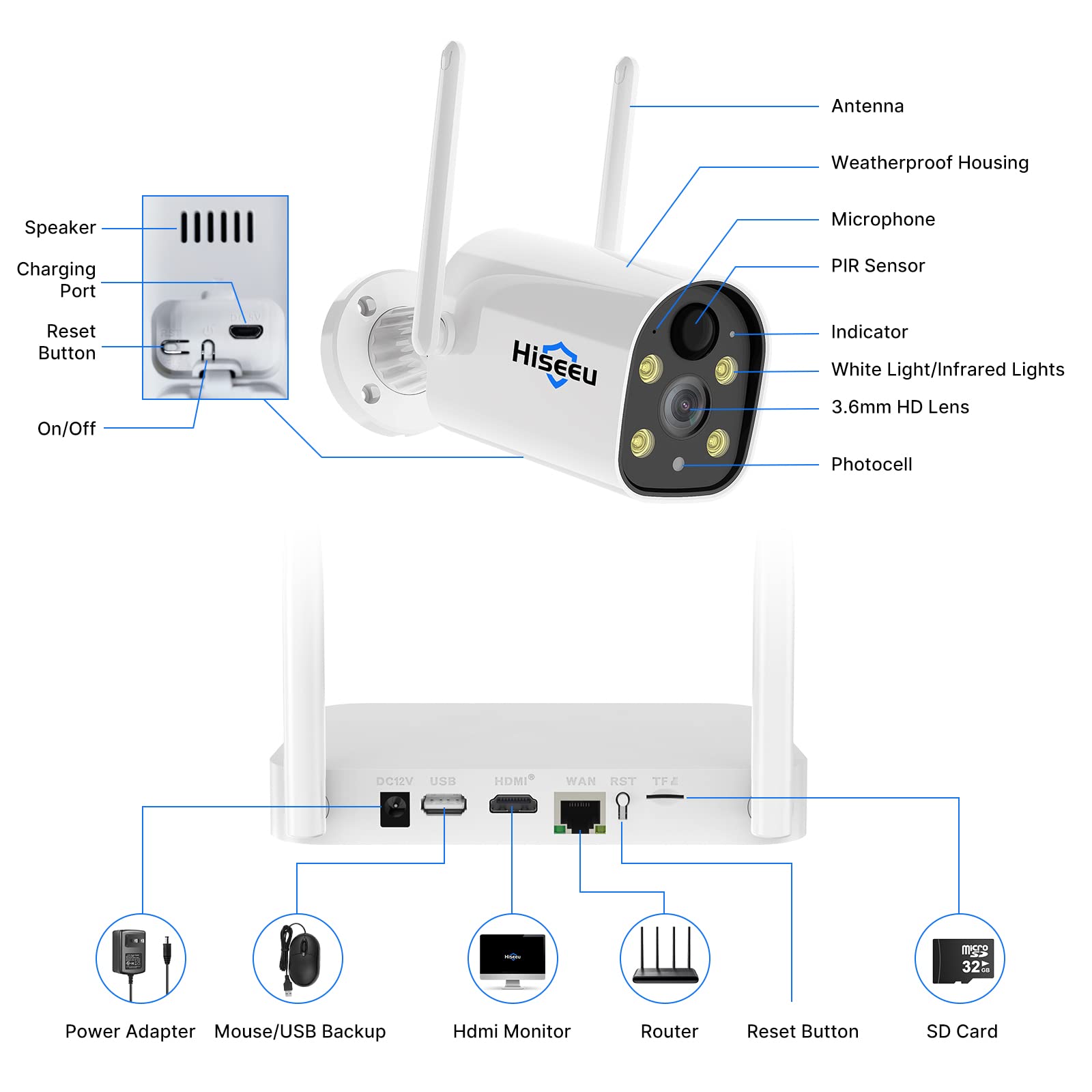 Hiseeu 10CH 4K NVR Wireless Security Camera System Outdoor Indoor, AI Human Detection, 2-Way Audio, 4MP Solar Powered Cameras with Color Night Vision, IP66 Waterproof, 1TB Hard Drive preinstalled