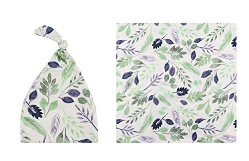 Terriboo Baby Receiving Blanket Newborn Wrap for Baby Girl and Boy Leaf Printed Swaddle Beanie Set (Green)
