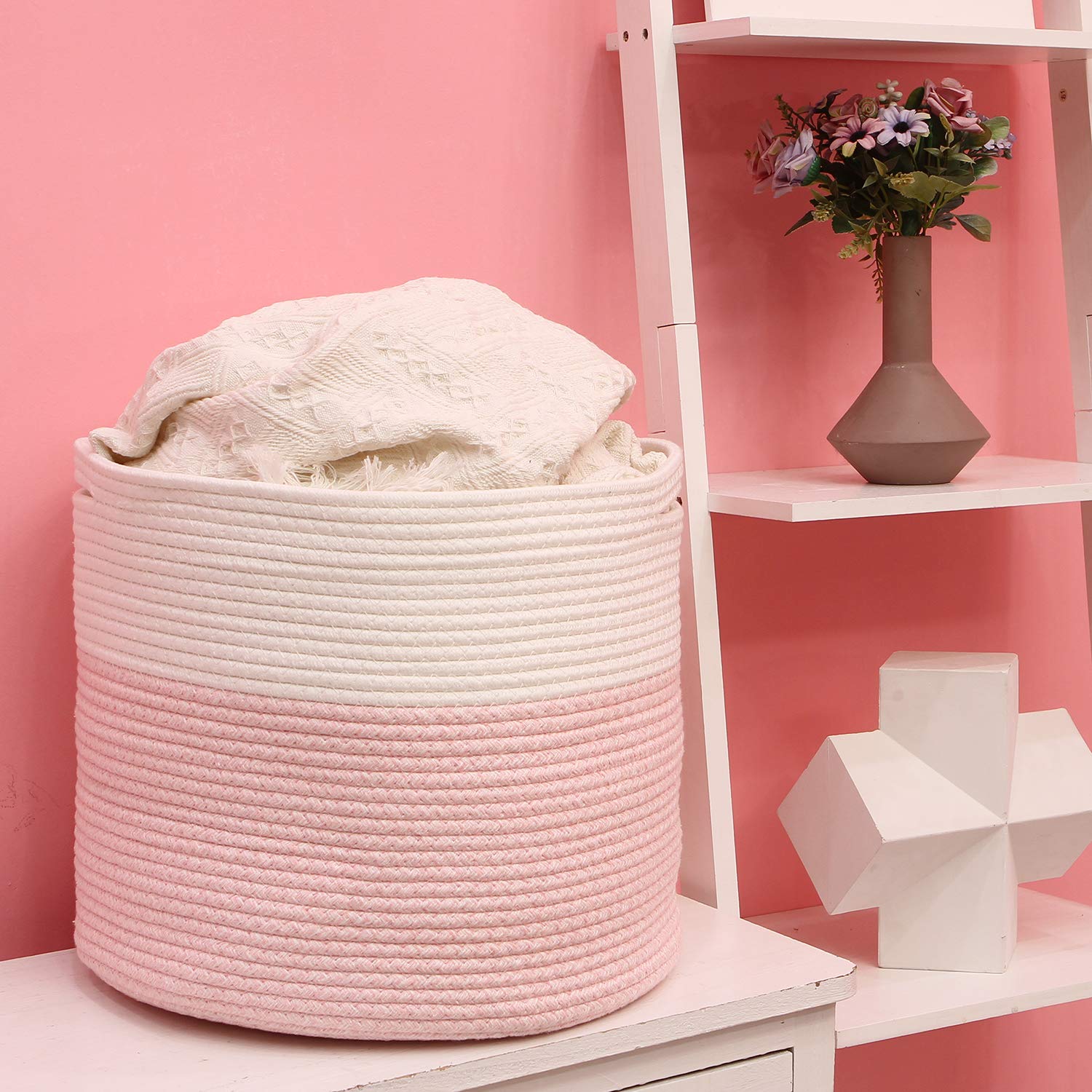 Sea Team Large Size Cotton Rope Woven Storage Basket with Handles, Laundry Hamper, Trunk Organizer, Clothes Toys Bin for Kid's Room, 15 x 13 inches, Round Open Design, White & Variegated Pink