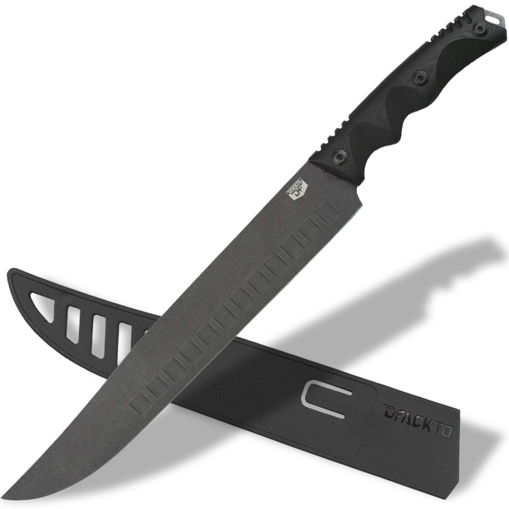 DFACKTO Interceptor 10 Inch Butcher Knife for Camping and Outdoor Kitchen, Stonewashed High Carbon Stainless Steel Black Knife, Full Tang Tactical G10 Handle, BBQ Utensil Cutlery