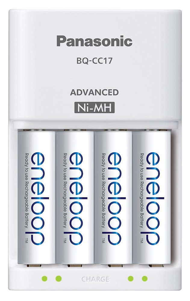 Eneloop Panasonic Advanced 4-Cell Battery Charger BQ-CC17SBA White & Ni-MH AA Battery BK-3MCCA4BA 1.2V 4pk Rechargeable