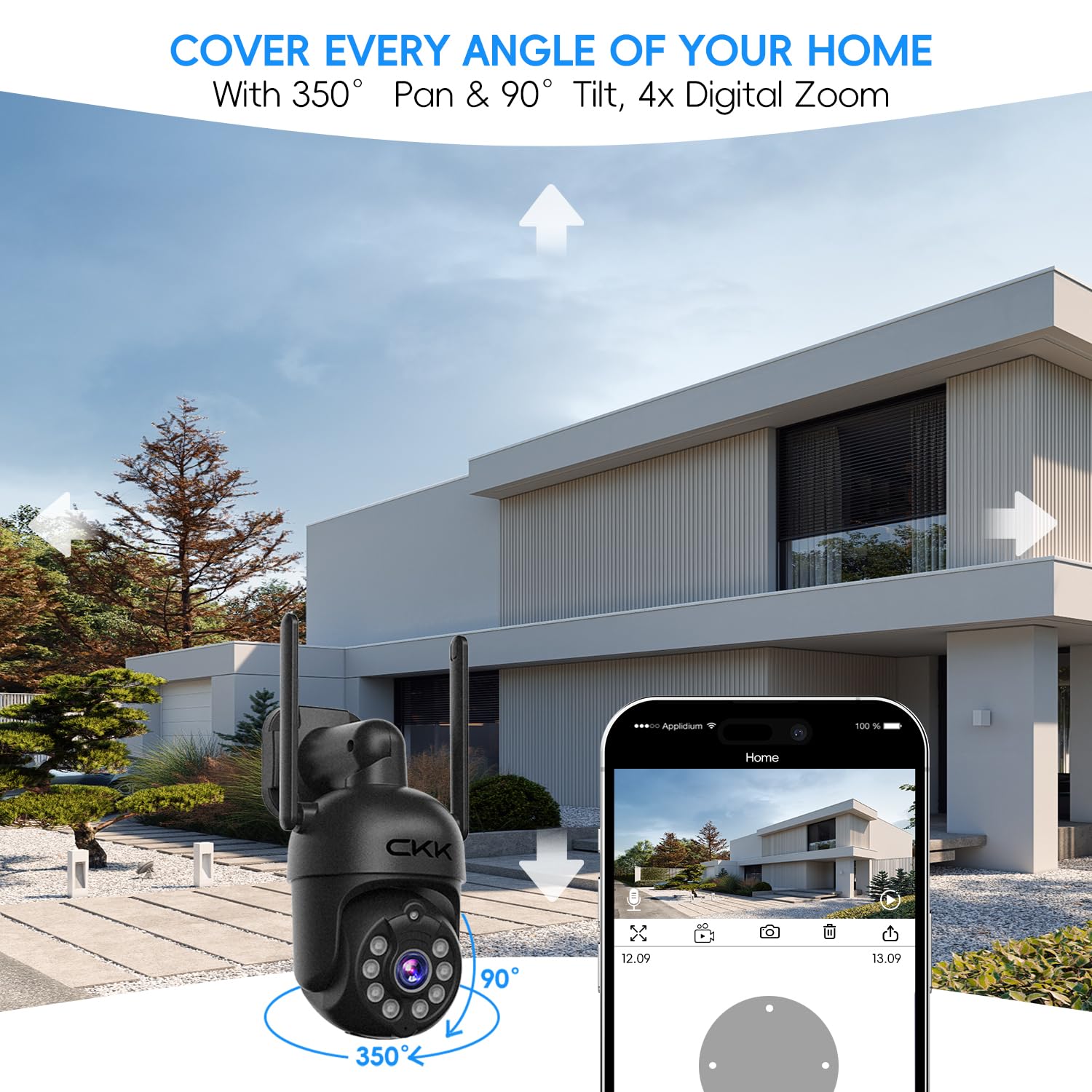 [10CH, Upgrading 5MP] CKK Wireless Security Camera System with 1TB HDD, 4pcs PTZ Cameras Outdoor Indoor, 3K WiFi Surveillance NVR System with Floodlights & Siren Alarm, 2 Way Audio, Waterproof