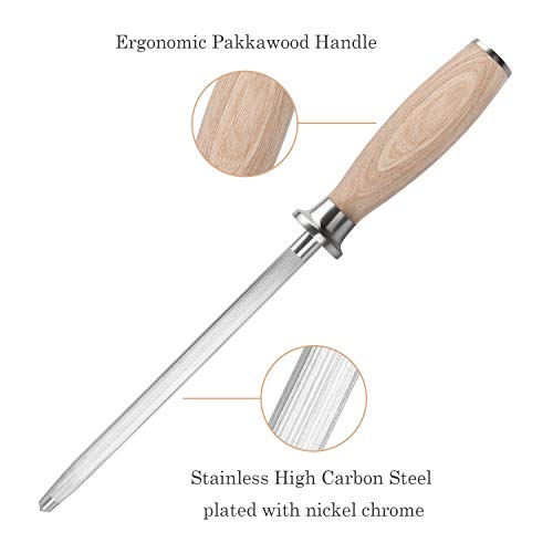 WALLOP Honing Steel - Kitchen Knife Sharpener Rod 8 inch - German HC Stainless Steel Honing Steel for Honing Chef Knife Blades - Natural Pakkawood Handle with Gift Box