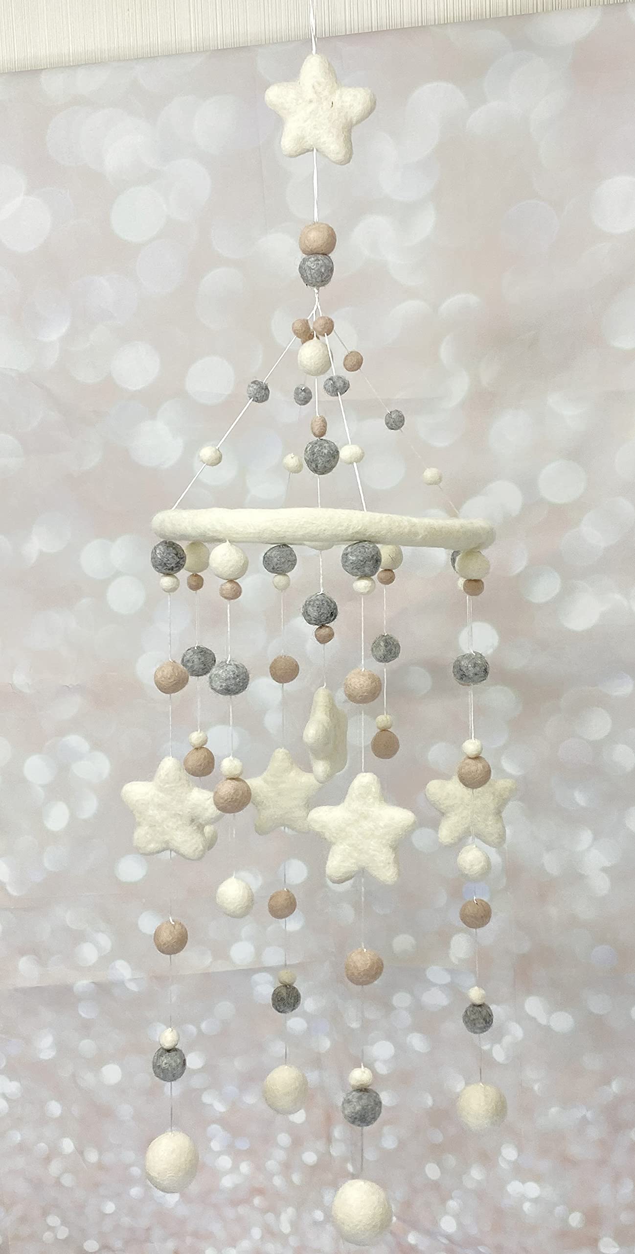 Wool Stars Nursery Mobile for Baby's Room Decoration, Unisex Boy Girl White Grey Taupe