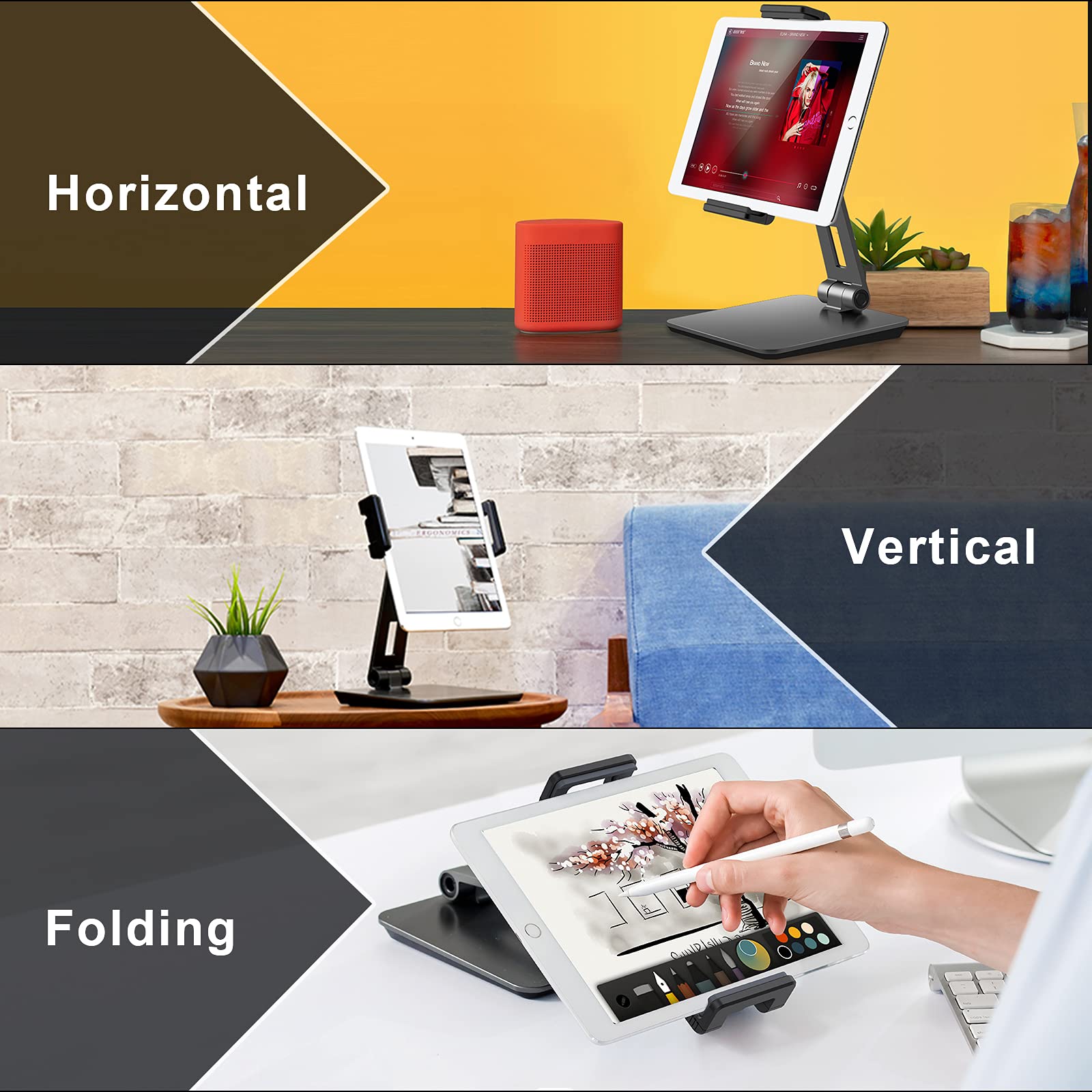 SHUOSUO Tablet Stand Adjustable & Foldable, 360° Swivel Heavy Aluminum Tablet Holder for Desk, Compatible with iPad Pro/Air/Mini, Galaxy Tab, Surface Pro, Kindle Fire (7-13") (Dark Gray)