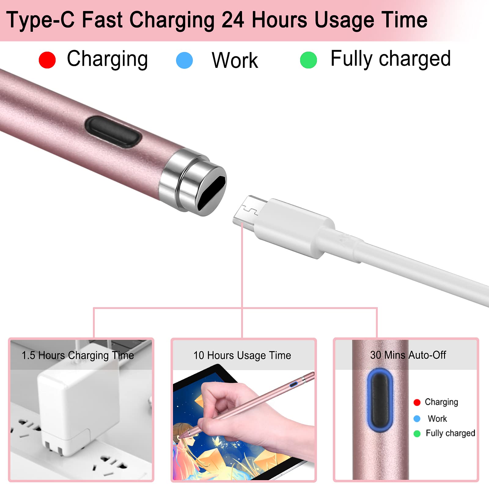 Stylus Pens for Touch Screens,Active Stylus Compatible for Apple iPad,Rechargeable 1.5mm Fine Point Smart Pencil Digital Compatible iPad and Most Tablet,for Drawing and Handwriting (Pink)