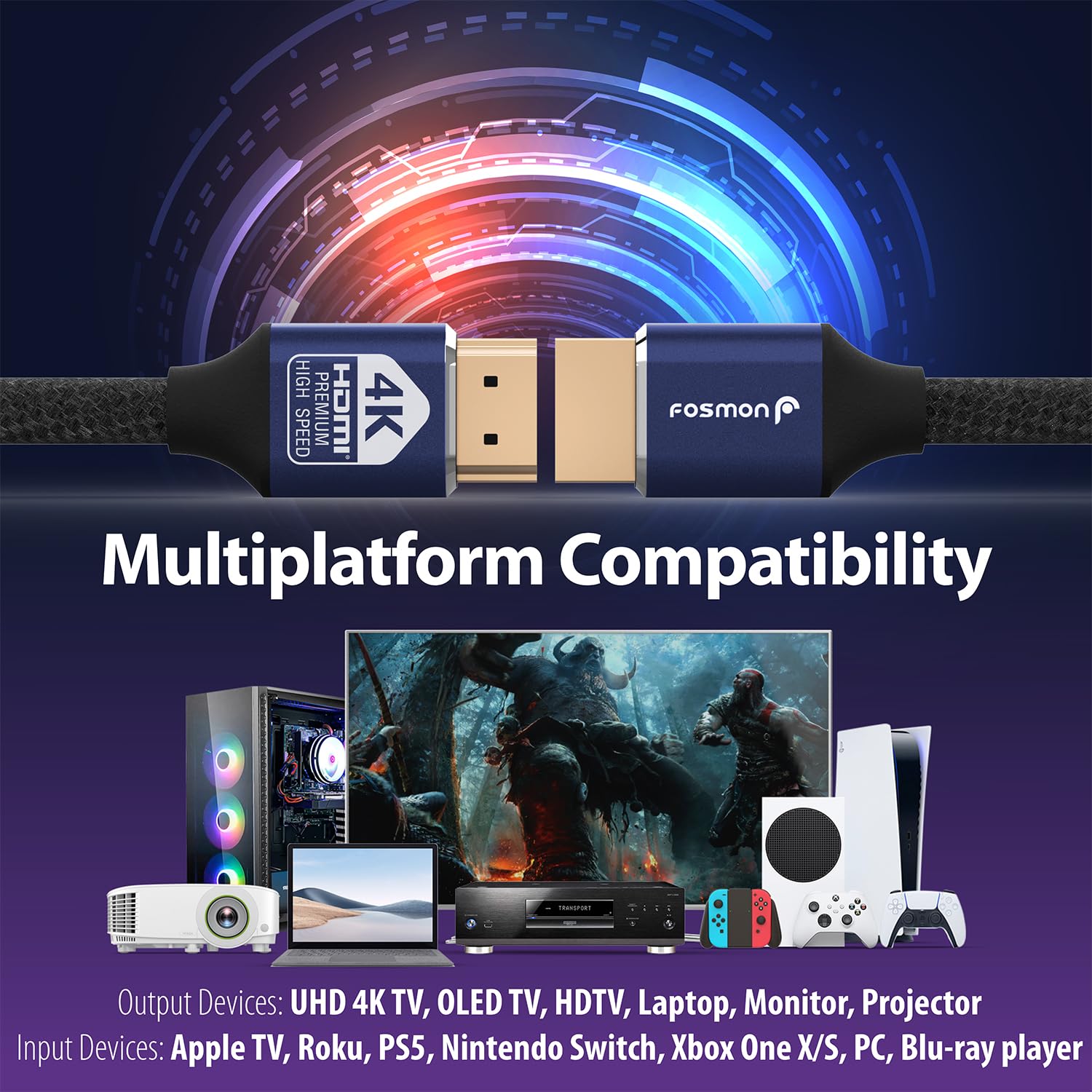 Fosmon HDMI 2.0 Cable 4K@60Hz 10ft, Premium Certified in-Wall CL3 Rated, 18Gbps Super High Speed, HDR, HDCP 2.2/1.4, 3D, ARC, 30AWG Cotton Braided Compatible with UHD TV, Monitor, Console