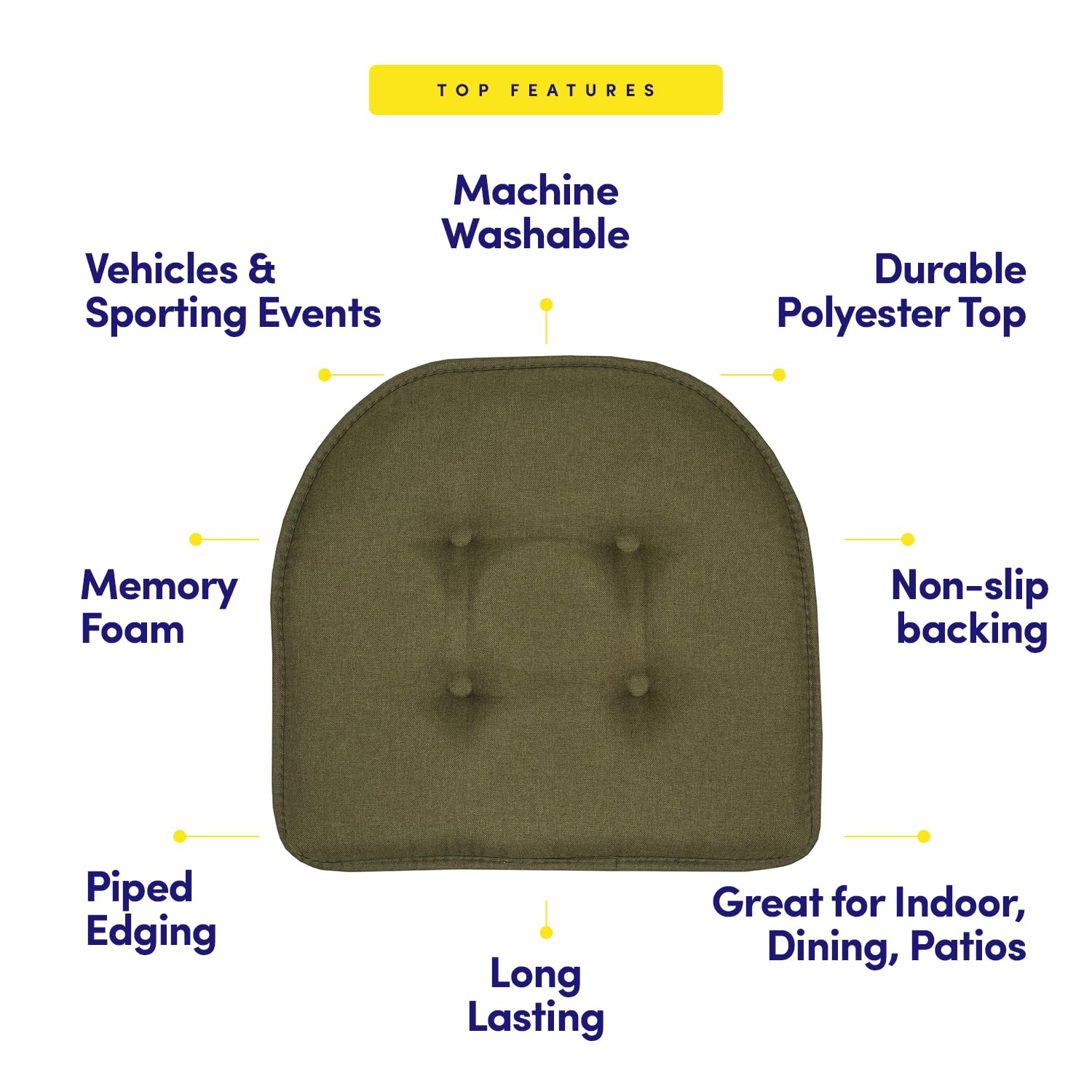 Sweet Home Collection Chair Cushion Memory Foam Pads Tufted Slip Non Skid Rubber Back U-Shaped 17" x 16" Seat Cover, Army Green 6 Count