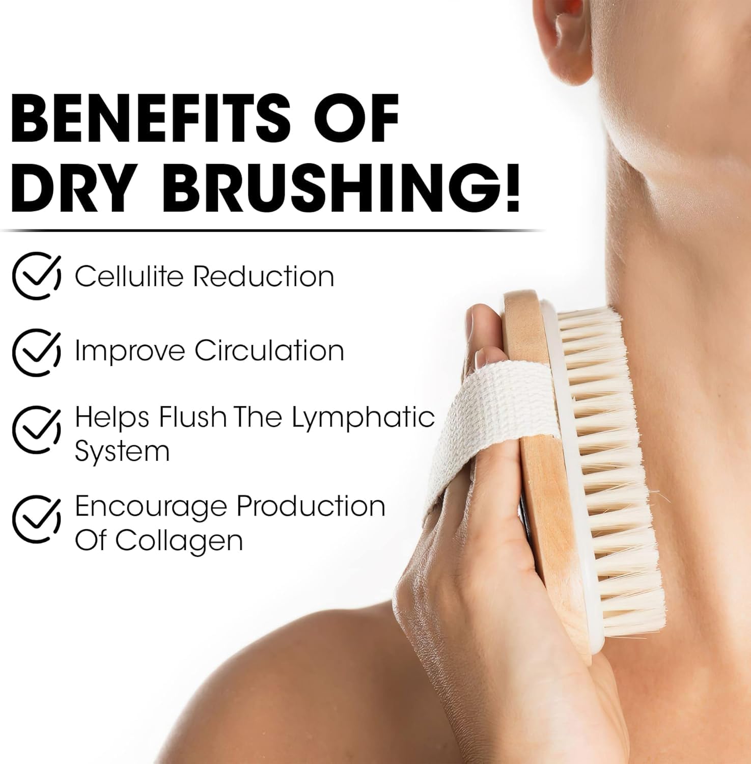 Opaz Dry Body Brush 2 Pack Natural Bristle for Dry Skin - Exfoliator Scrubber - Wet or Dry Scrub Smooth Cellulite - Stimulate Blood Flow
