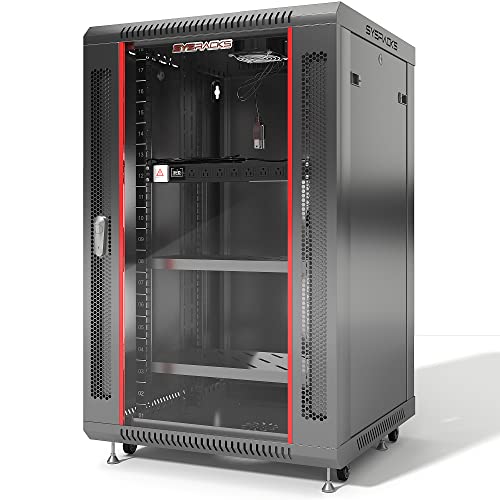 Server Rack - Wall Mount Network Enclosure - Locking Wall IT Cabinet - 19 Inch Rack Av Audio Video Rack Lockable Cabinet Network Rack - Powerbar - Shelf - Fan - Feet (22U (24" w x24 d x43 h))