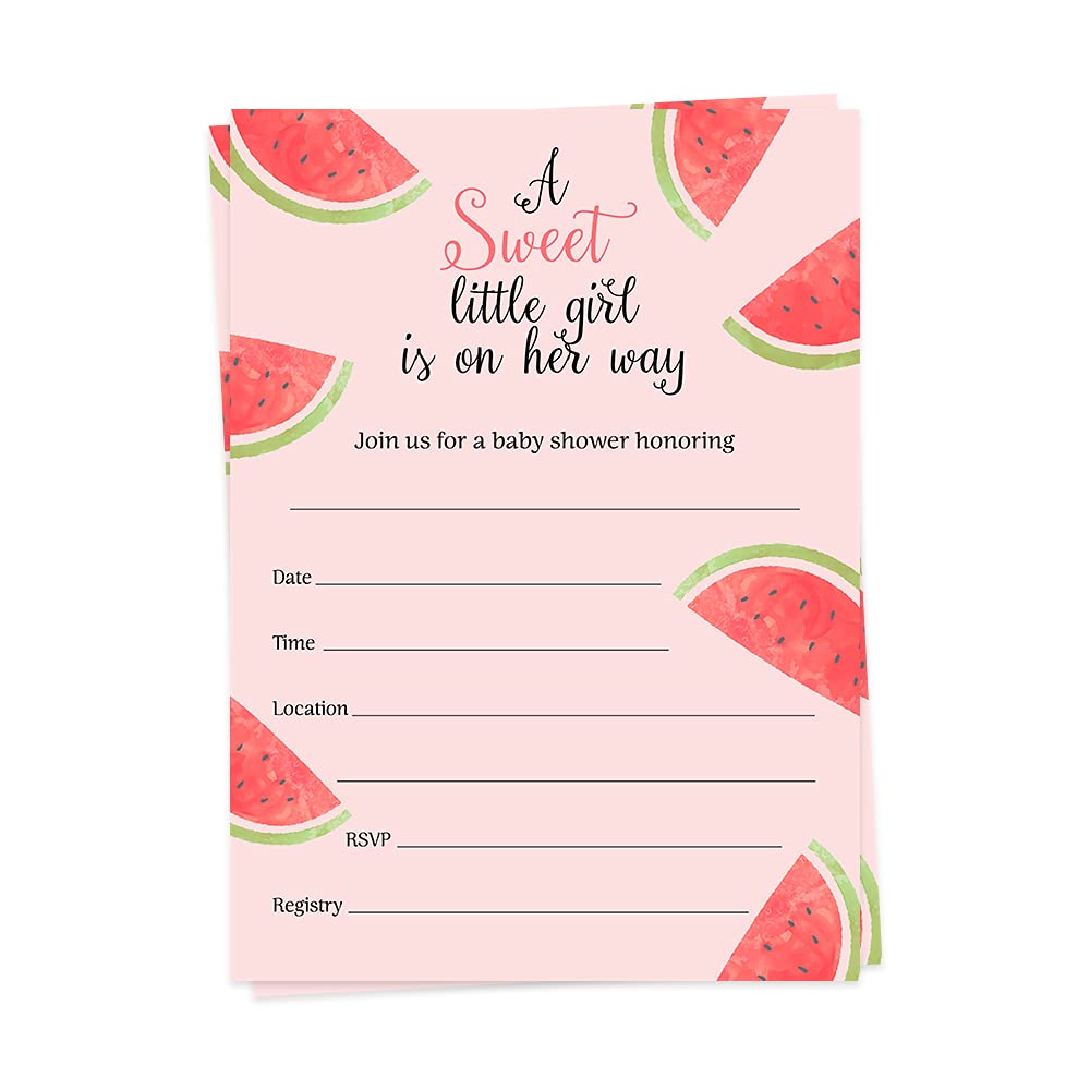 Watermelon Fill in The Blank Invitations Watermelon Invites BBQ BabyQ Sweet Baby New Baby Pink Red Green Summer Sprinkle Girls It's A Girl Fruit Juicy Printed Cards (15 Count)