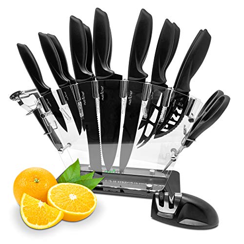NutriChef 17 Piece Kitchen Knife Set - Stainless Steel Kitchen Precision Knives Set w/ 6 Steak Knives & Bonus Sharpener, Scissors, Peeler, Acrylic Block Stand - Slicing, Chopping, Dicing - NCKNS17